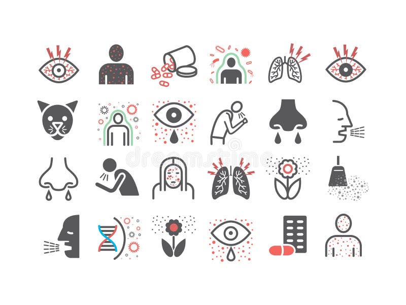 Allergy Symptoms Line End Flat Icons Infographic. Vector Sign for Web ...