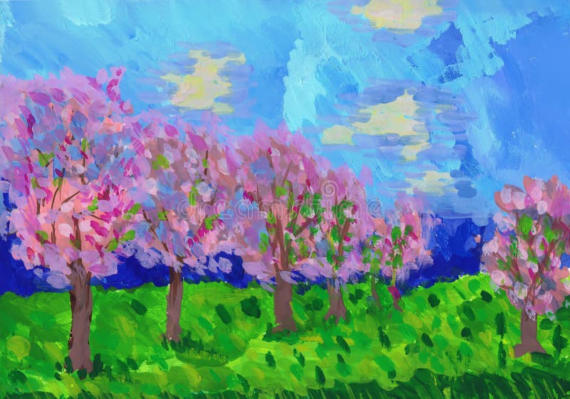 Alley of Flowering Trees. Spring Stock Illustration - Illustration of ...