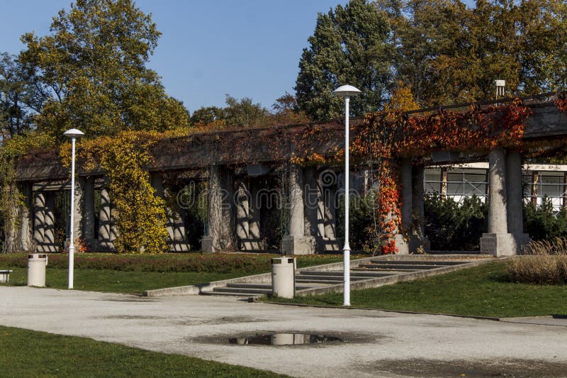 Alley of Gray Stone Columns Overgrown with Plants Stock Photo - Image ...