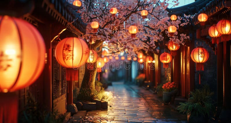 An Alley with Lit Lanterns Under a Cherry Blossom Tree Stock ...