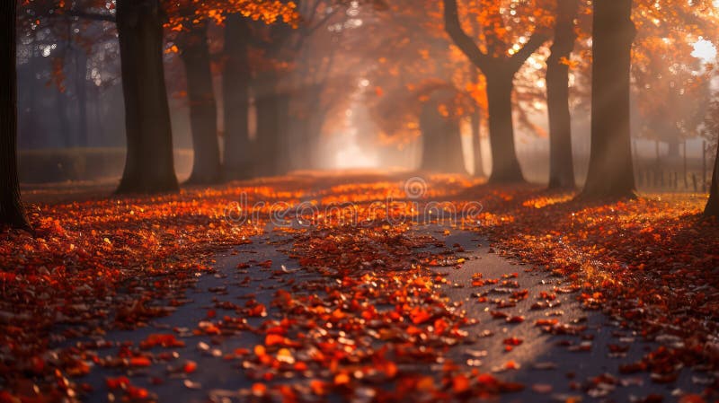 Alley and Path in Autumn Park, Abstract Fall Background with Red Leaves ...