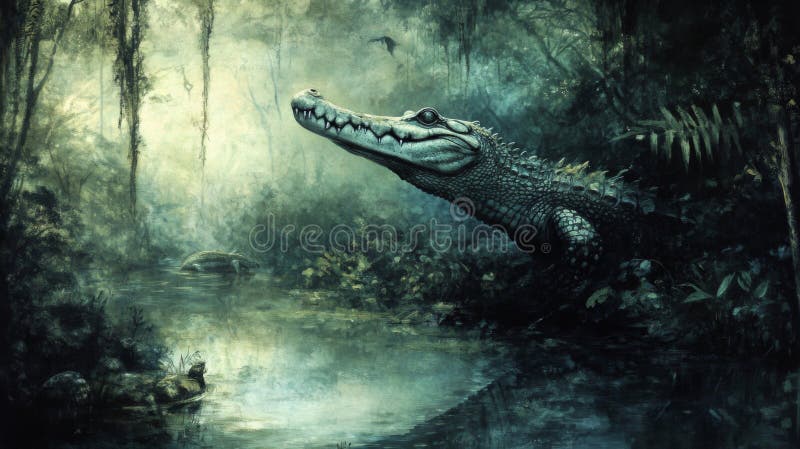 Alligator in Dark Swamp at Night Stock Illustration - Illustration of ...