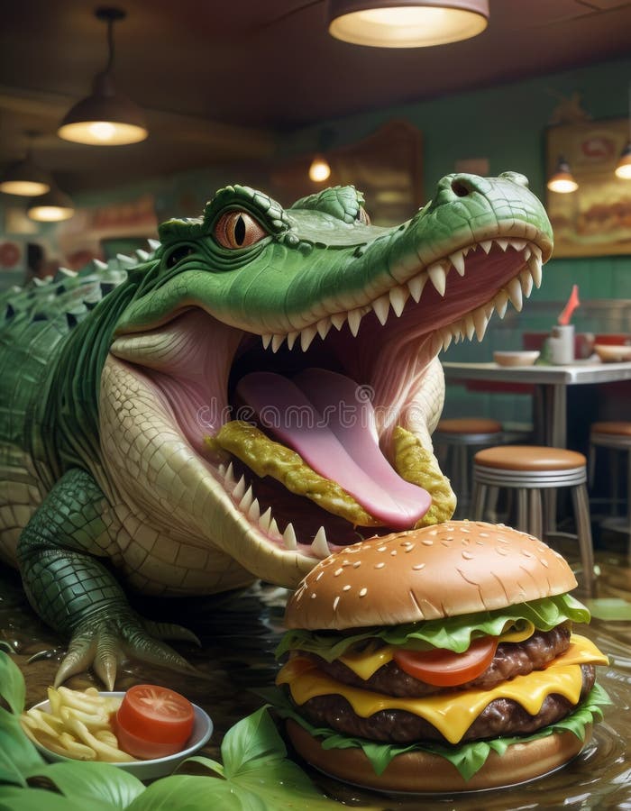 Alligator Enthusiastically Devouring a Burger Stock Illustration ...