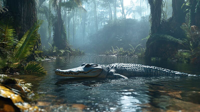 Alligator in Misty Jungle River Stock Illustration - Illustration of ...