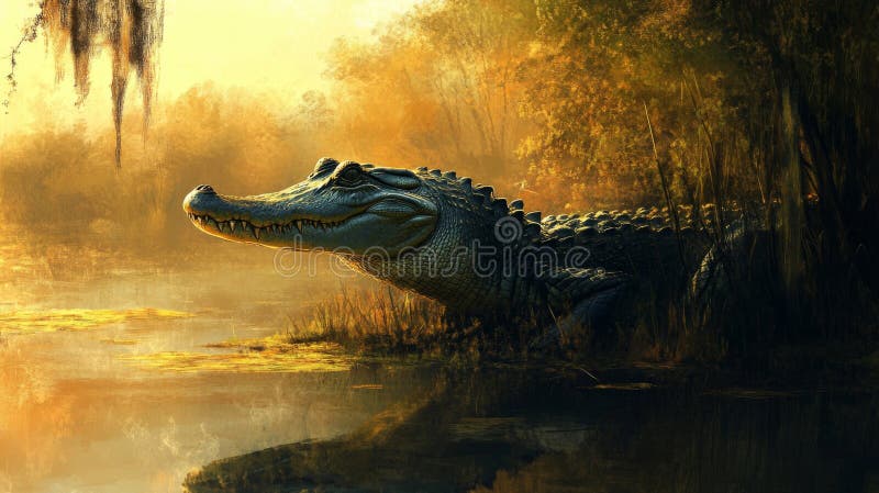 Alligator in a Misty Swamp at Sunset Stock Illustration - Illustration ...