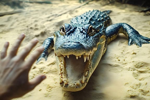 Alligator Showing Teeth while Hand is Approaching Stock Photo - Image ...
