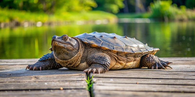 Alligator Snapping Turtle Sunbathing on the Old Wooden Dock AI-Generated Content Stock Image ...