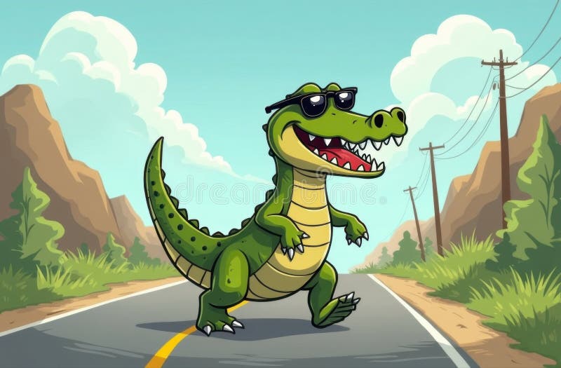 An Alligator Walking Over the Road Stock Illustration - Illustration of ...