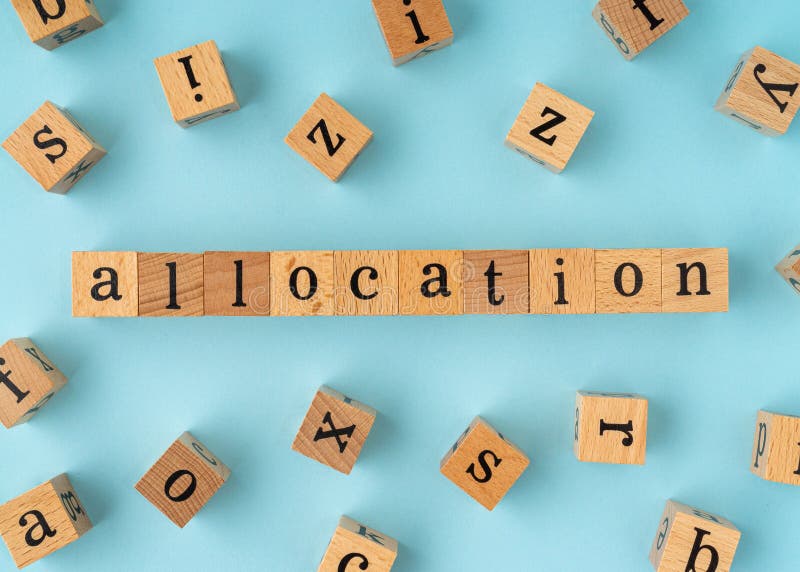 Allocation Word on Wooden Block. Flat Lay View on Blue Background Stock ...
