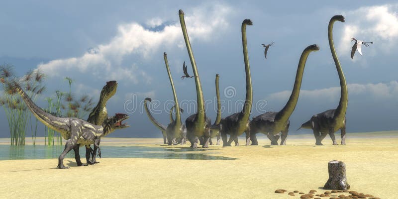 Allosaurus Y Dinosaurios De Omeisaurus Imagen de archivo - Imagen de ...