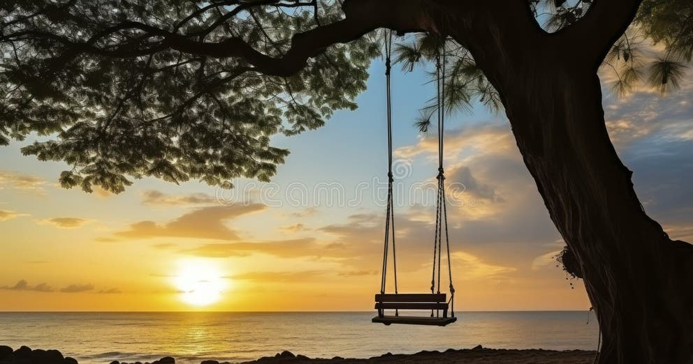 The Alluring View of Swings Under a Tree Against a Seaside Sunset Stock ...