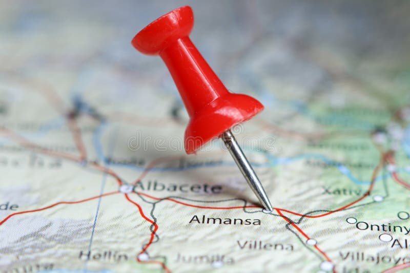 Almansa, Spain pin on map editorial stock photo. Image of guide - 346781433