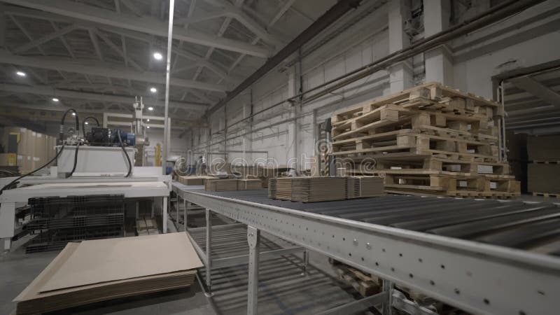Stacks of Thin Cardboard Sheets Move Along Long Conveyor Belt Stock ...