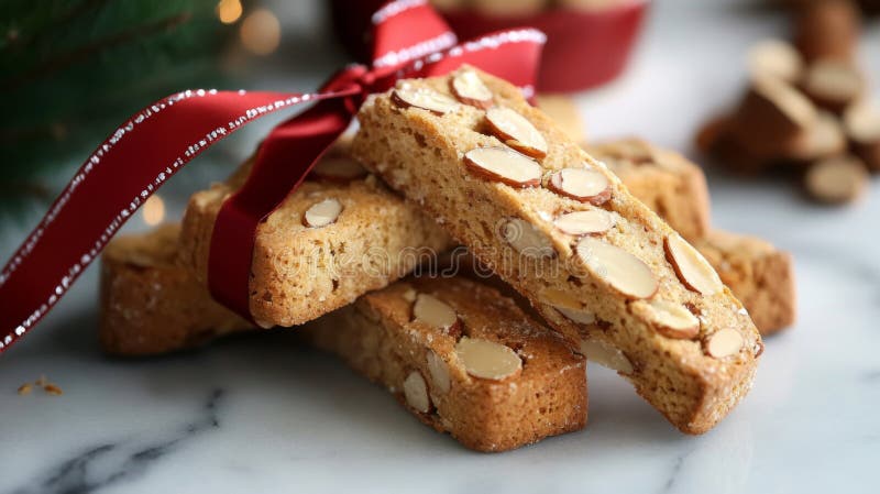 Almond Biscotti with Red Ribbon on Marble Surface Stock Illustration ...