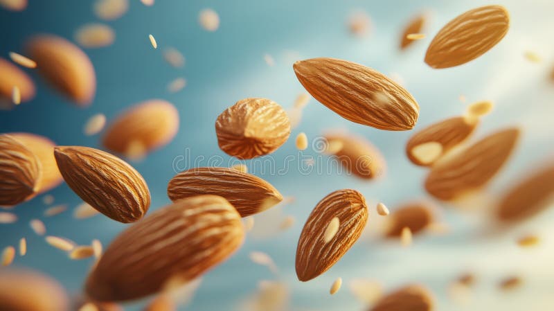 Almond Bliss. Nutritious Snacks Falling Gracefully in Light Azure ...