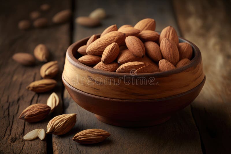 Almond in Bowl on Wood Table.Generative AI Stock Illustration ...