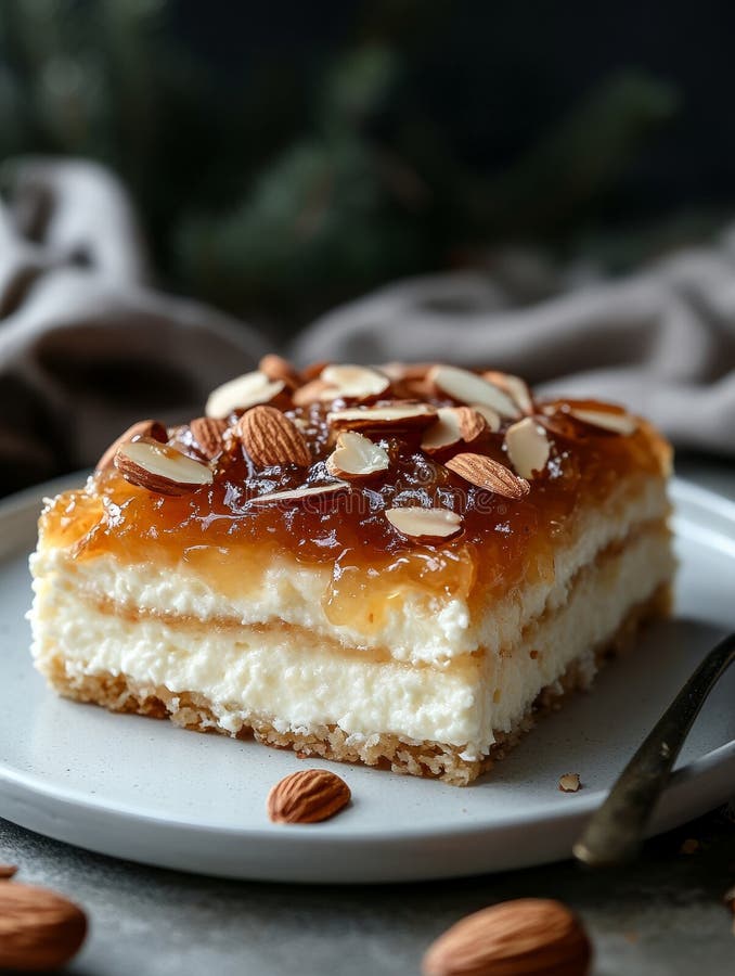 Almond Cake Slice with Caramel Topping and Nuts. Stock Image - Image of ...