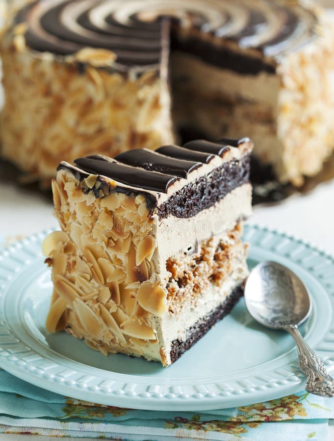 Almond Chocolate Crunch Cake Stock Image - Image of frosted, slice ...