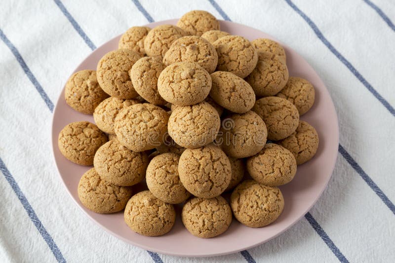 Almond Cookies on Pink Plate, Side View Stock Image - Image of food ...