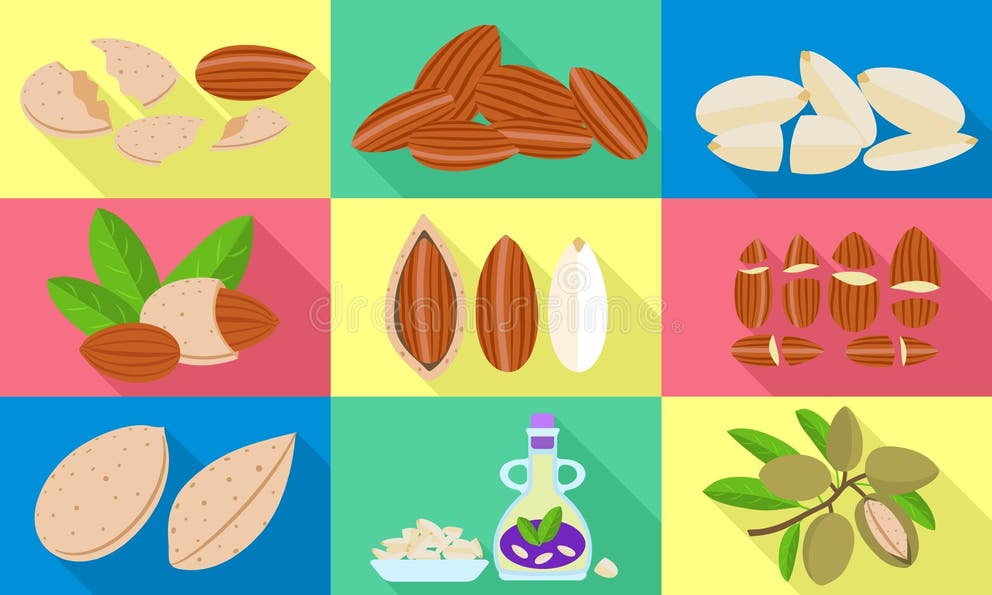 Almond Icons Set, Flat Style Stock Vector - Illustration of almonds ...