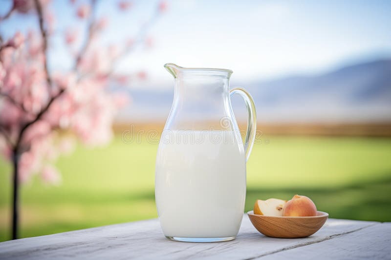 Almond Milk in a Transparent Jug with Almond Trees in the Background ...