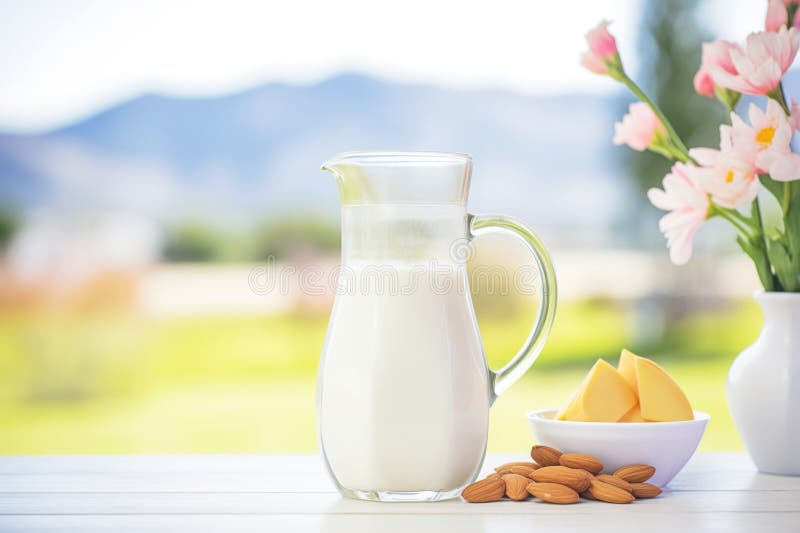 Almond Milk in a Transparent Jug with Almond Trees in the Background ...