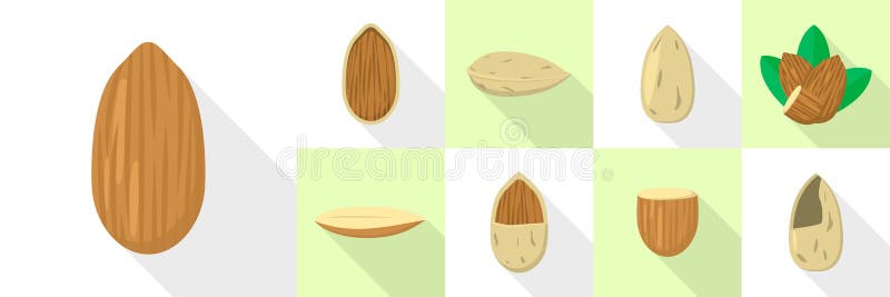 Almond Nut Icons Set, Flat Style Stock Vector - Illustration of flat ...