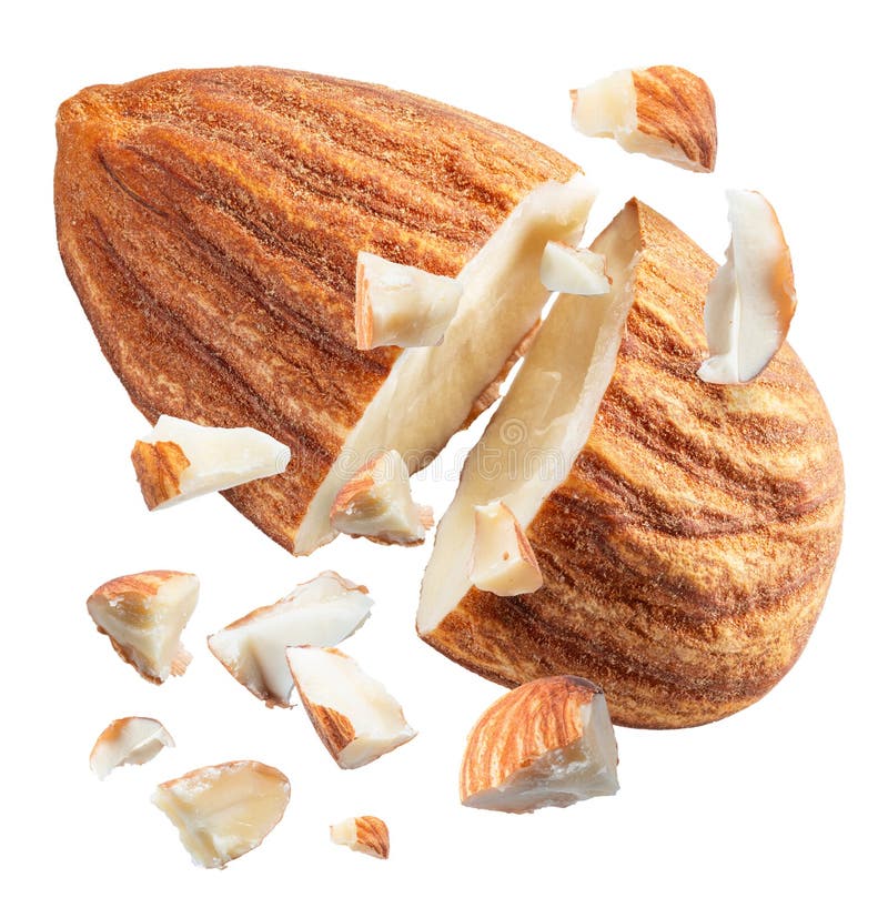 Almond Nut Split in Half, and Pieces of Almond Nut Fly Out from Crack ...
