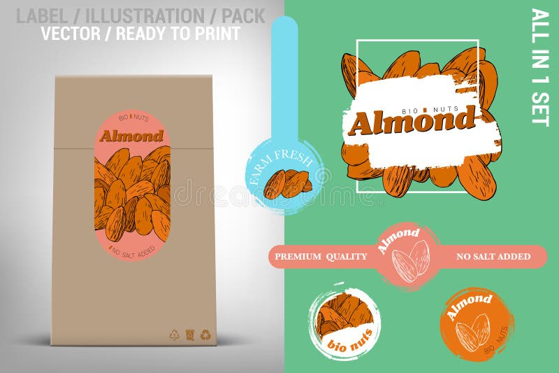 Almond Packaging Design Set - Vector Illustration with Labels and Pack ...