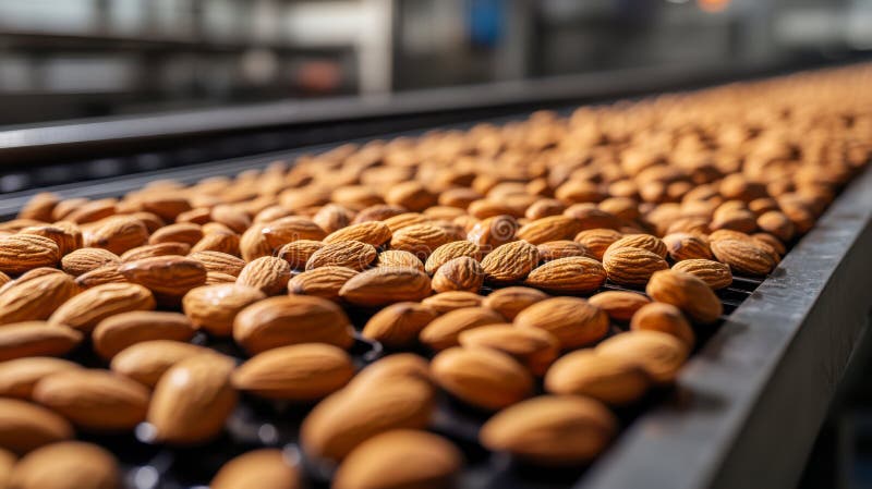 Almonds on Conveyor Belt in Factory Indicating Industrial Food ...