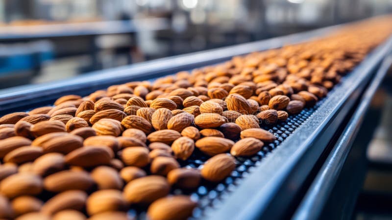 Almonds on Conveyor Belt in Processing Plant for Quality Inspection ...