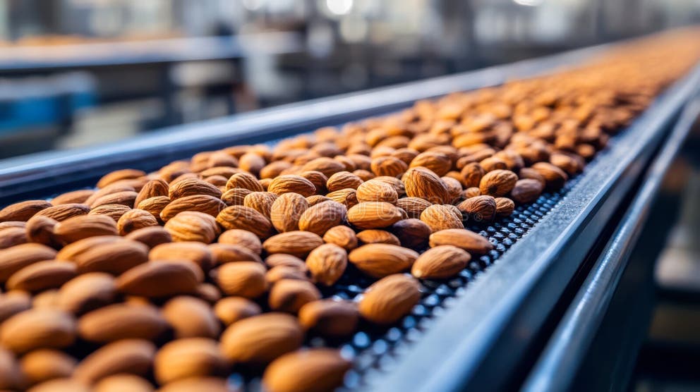 Almonds on Conveyor Belt in Processing Plant for Quality Inspection ...