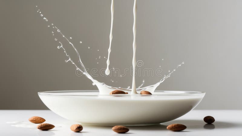 Almonds Falling into Milk with a Splash of Milk on Top and Almonds on ...