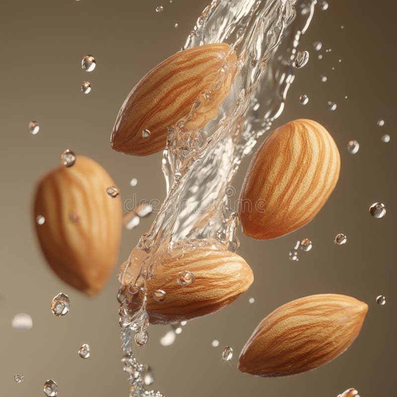 Almonds Falling into Water with Splash and Bubbles in Motion Stock ...