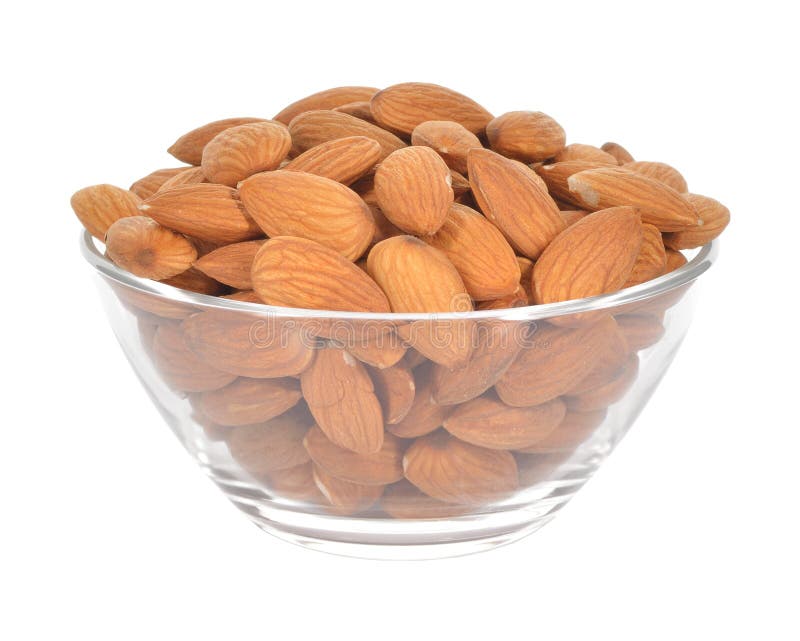 Almonds in a Glass Bowl on White Background Stock Image - Image of heap ...