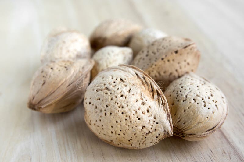 Almonds in Hard Shells, Group of Nuts on Wooden Table Stock Image ...