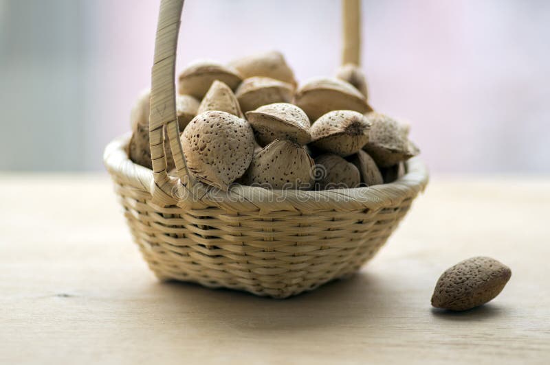 Almonds in Hard Shells, Pile in Small Wicker Basket Stock Image - Image ...