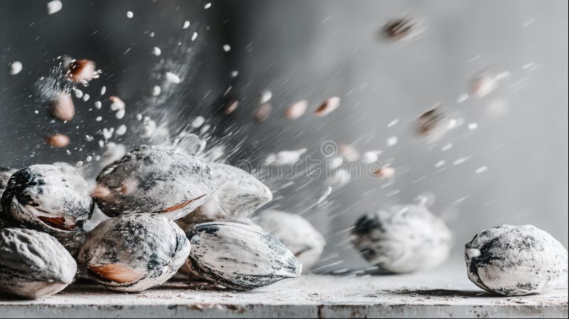 Almonds in Motion with Powder Explosion on Light Gray Background ...