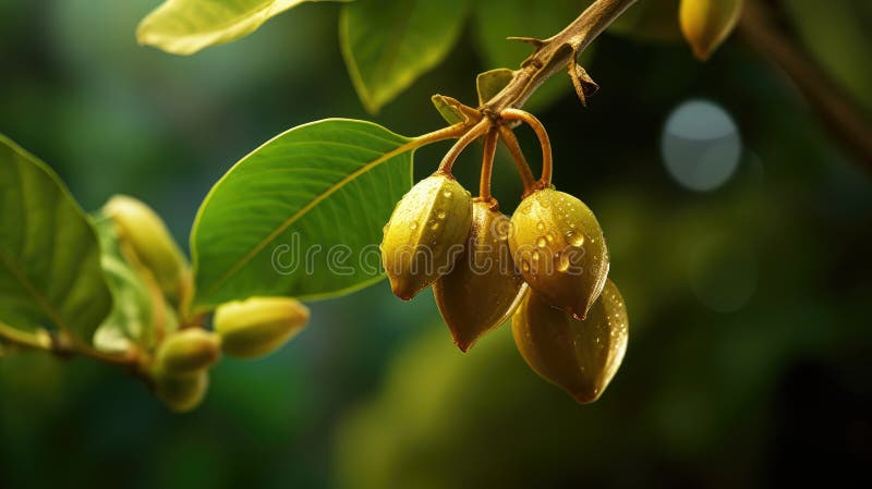 Almonds on Tree Branch with Drops of Water Stock Illustration ...