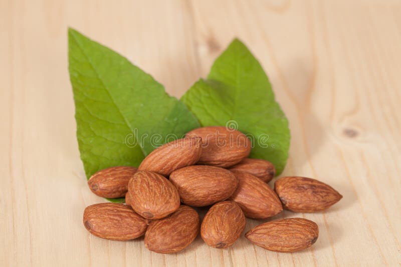 Almonds on wood stock image. Image of leaves, leaf, wood - 67630515