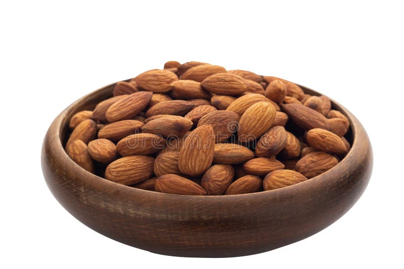 Almonds on Wooden Bowl Isolated on White Background Stock Image - Image ...