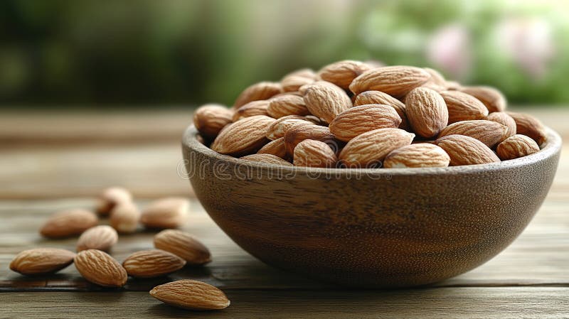Almonds in Wooden Bowl on Rustic Table with Blurred Garden Background ...