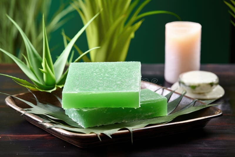Aloe Vera Plant and Soap Bar with Foam on a Bath Sponge Stock ...