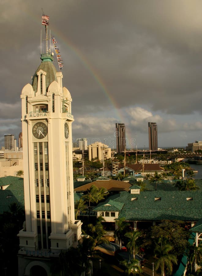 Aloha Tower With American Flag Stock Photo - Image of condominiums ...