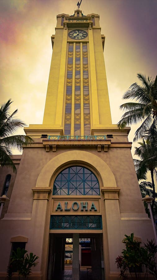 Aloha Tower With American Flag Stock Photo - Image of condominiums ...