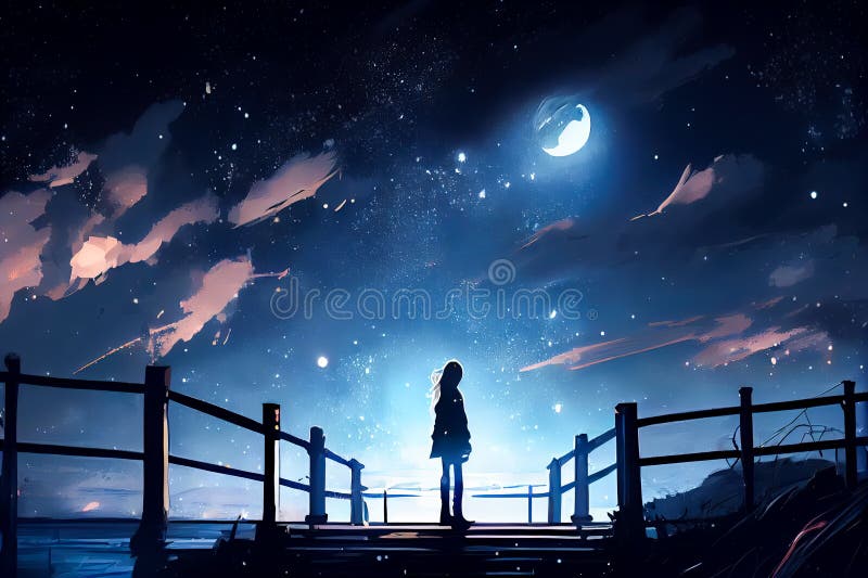 Alone Anime Girl in the Night Sky. Generative AI, Generative, AI Stock ...