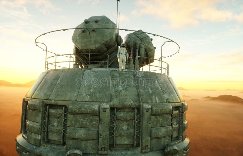 Alone Astronaut on Alien Planet. Martian on Metal Base. Future Concept ...