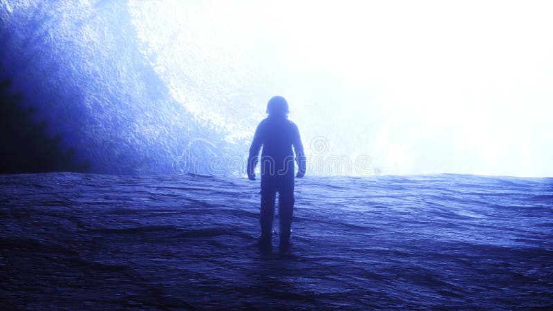 Alone Astronaut in Space Rock Cave. Space View. 3d Rendering. Stock ...