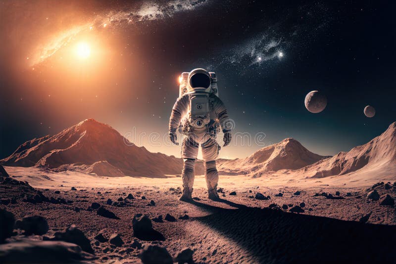 Alone Astronaut in Space Suit on Surface of Unknown Planet. Space ...