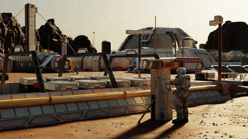 Alone Astronaut Stands in Mars Base, Surrounded by Modular Buildings ...